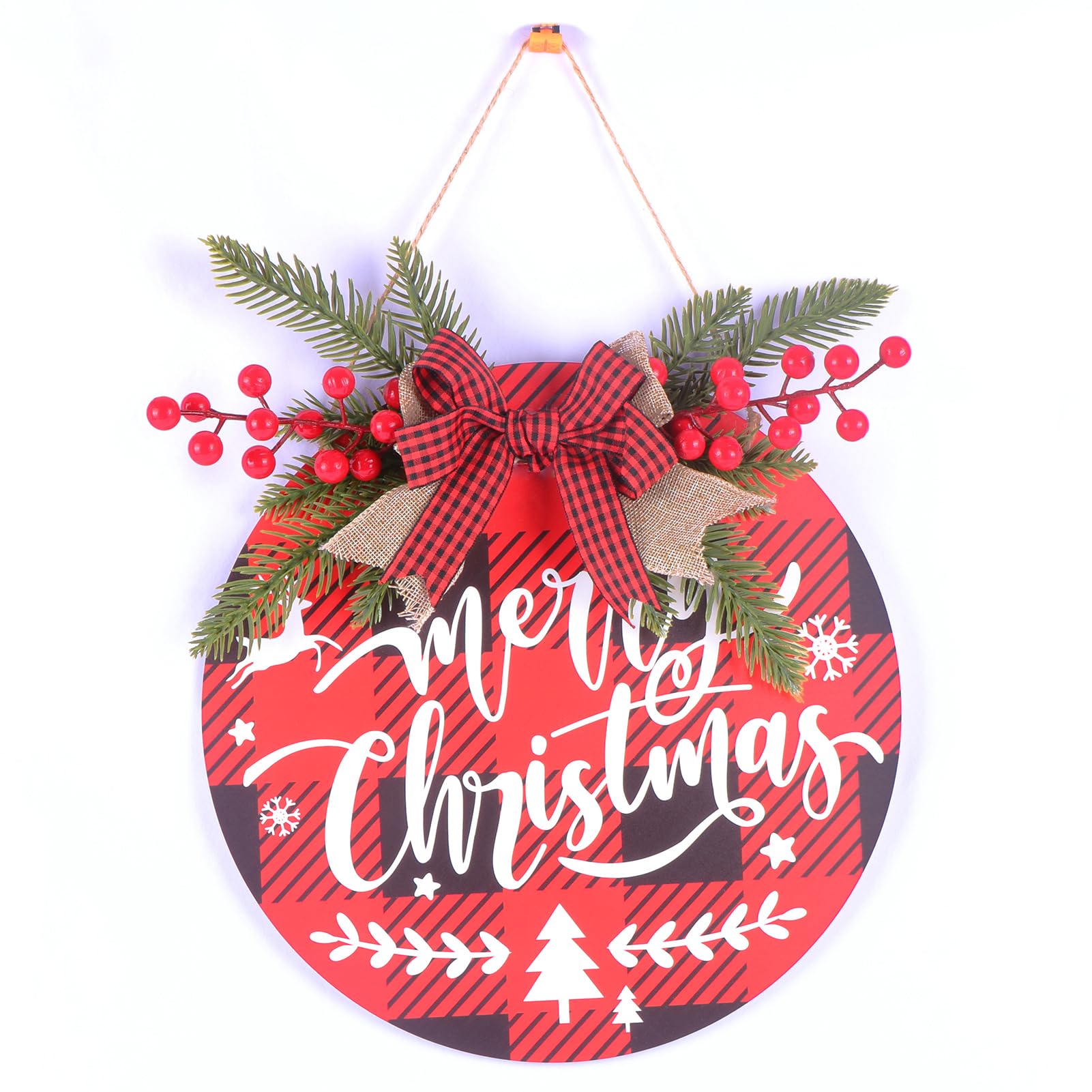 SIMXEHAY 2024New Merry Christmas Wreaths for Front Door,Christmas Sign with Burlap Bowknot and Snowflake Pattern for Door Porch Wall Window Indoor Outdoor Decorations