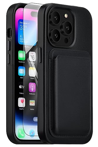 THMEIRA Compatible with iPhone 14 Pro Leather Case [ Compatible with MagSafe ] with Magnetic Wallet Card Holder [ PU Leather ] [ Slim Fit ] with Tempered Glass Screen Protector - Black