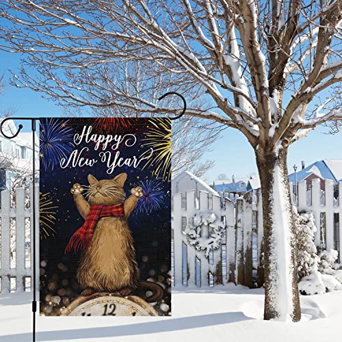 Happy New Year Cat Garden Flag 12x18 Double Sided Vertical, Burlap Small Celebration Fireworks Clock Welcome New Year Eve Yard Flag Sign (ONLY FLAG)