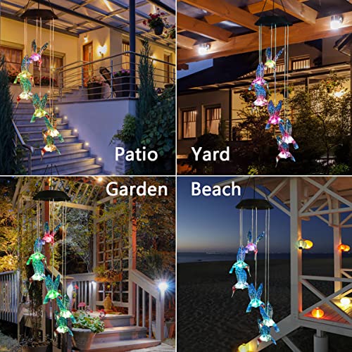 Chasgo Solar Hummingbird Wind Chime Color Changing Solar Mobile Wind Chime Outdoor Mobile Hanging Patio Light