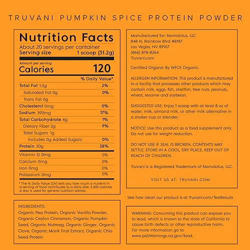 Truvani Vegan Pea Protein Powder | Pumpkin Spice | 20g Organic Plant Based Protein | 20 Servings | Keto | Gluten & Dairy Free | Low Carb | No Added Sugar