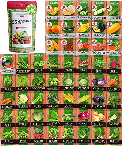 55 Heirloom Vegetable Seeds | 27,500+ Non GMO Garden Seed Variety Pack | Gardening Seeds for Planting Vegetables and Fruits, & Lettuce | Prepper Supplies | Survival Gear | Spring, Summer, Fall