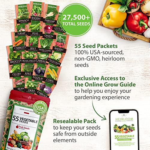 55 Heirloom Vegetable Seeds | 27,500+ Non GMO Garden Seed Variety Pack | Gardening Seeds for Planting Vegetables and Fruits, & Lettuce | Prepper Supplies | Survival Gear | Spring, Summer, Fall