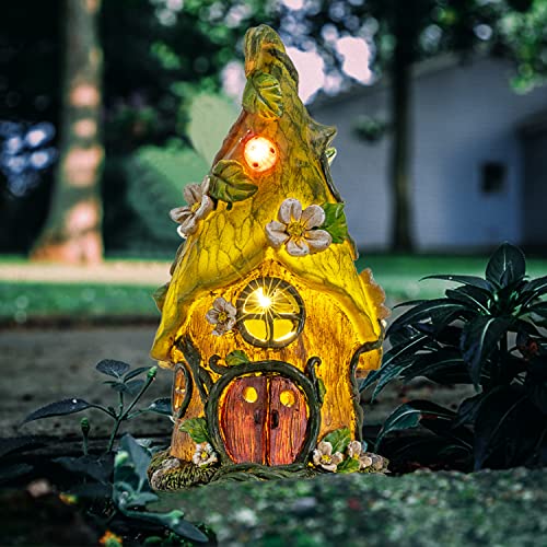 AIINY Garden Decor for Outside,Large Fairy Outdoor Statues Solar Gnome Figurine Lights,11Inch Flower Resin Decorations,Green Tree House Sculptures Lawn Ornaments for Patio Yard Accessories