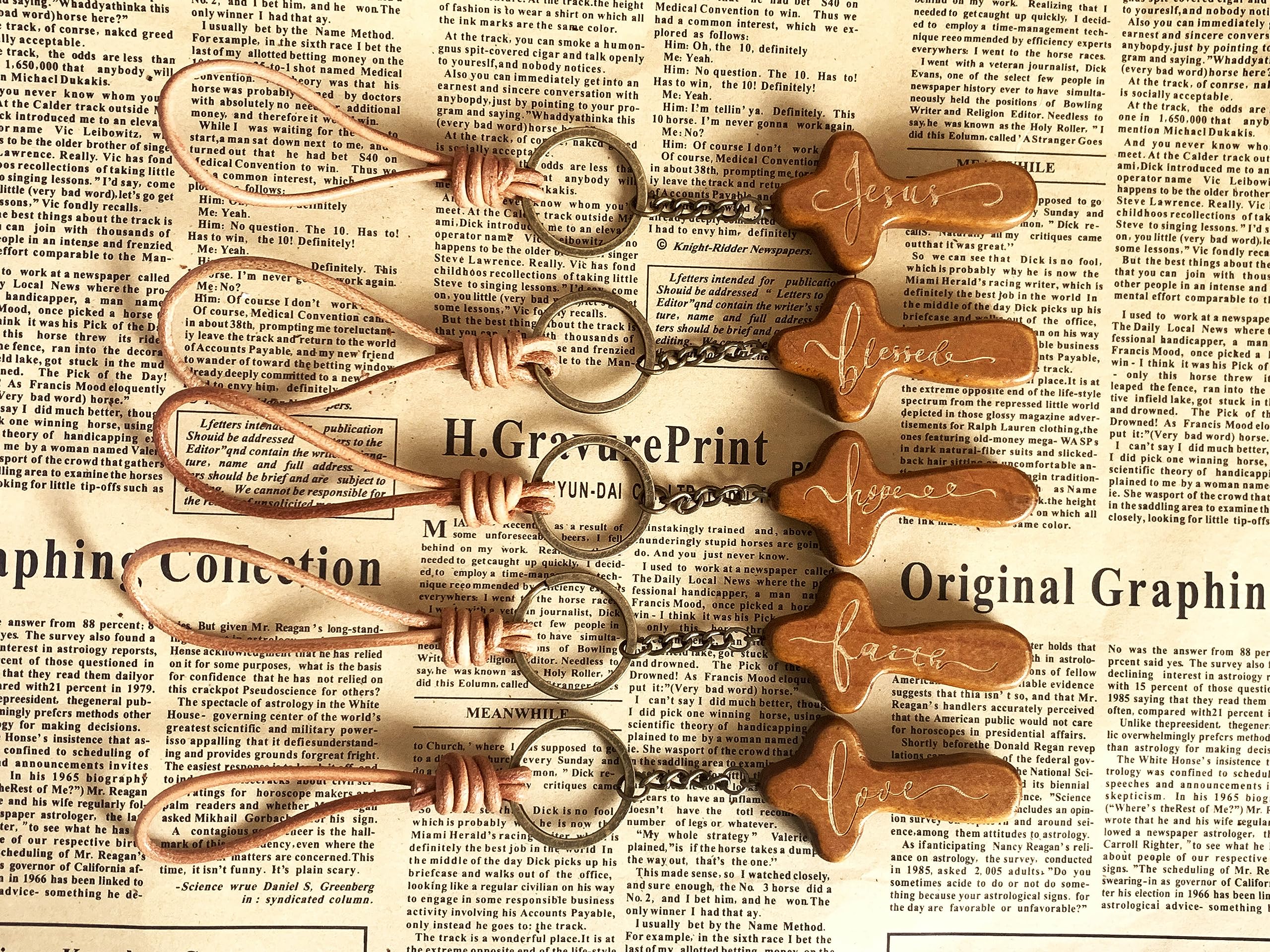 Udyzax Wood Cross Keychain with Leather Rope, Hope Keychain, Baptism Favors Catholic & Christian Gift for Men & Women