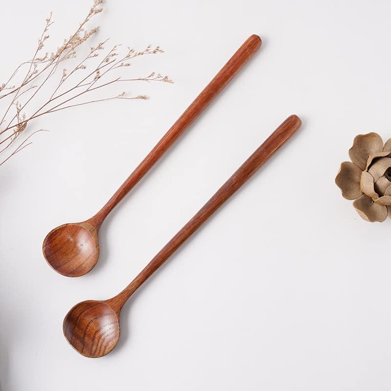 GXLWDZA Wooden Long Spoons - 2 Pcs Long Handle Round Spoons, Korean Style 10.9 inches 100% Natural Wooden Soup Spoon for Soup Cooking Mixing Stirrer Kitchen Tools Utensils
