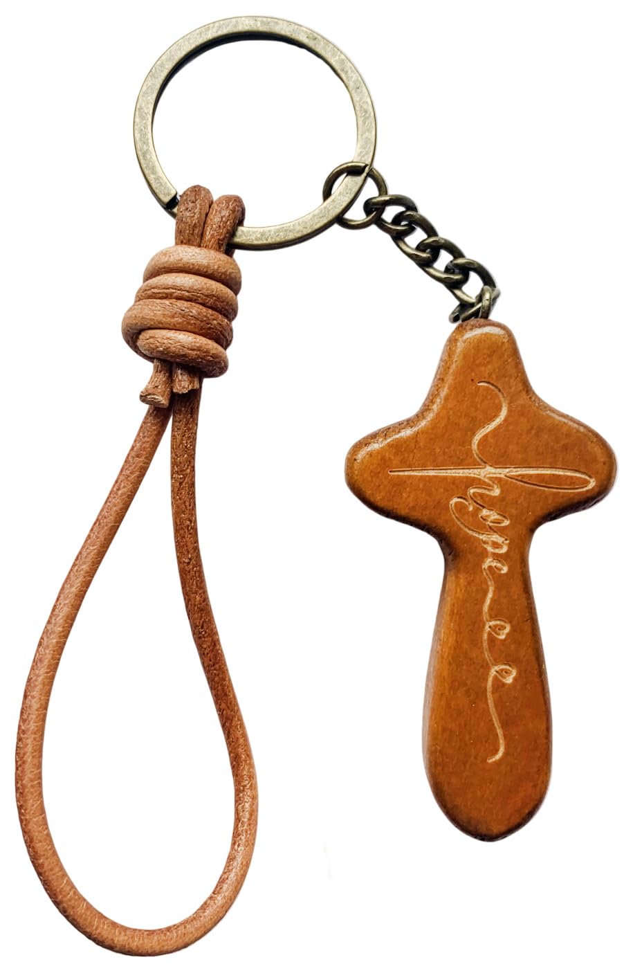 Udyzax Wood Cross Keychain with Leather Rope, Hope Keychain, Baptism Favors Catholic & Christian Gift for Men & Women