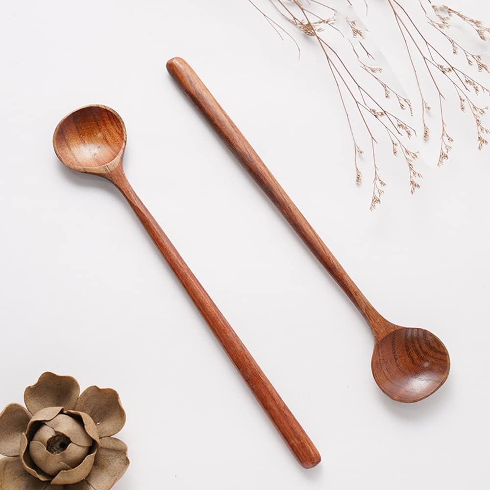 GXLWDZA Wooden Long Spoons - 2 Pcs Long Handle Round Spoons, Korean Style 10.9 inches 100% Natural Wooden Soup Spoon for Soup Cooking Mixing Stirrer Kitchen Tools Utensils