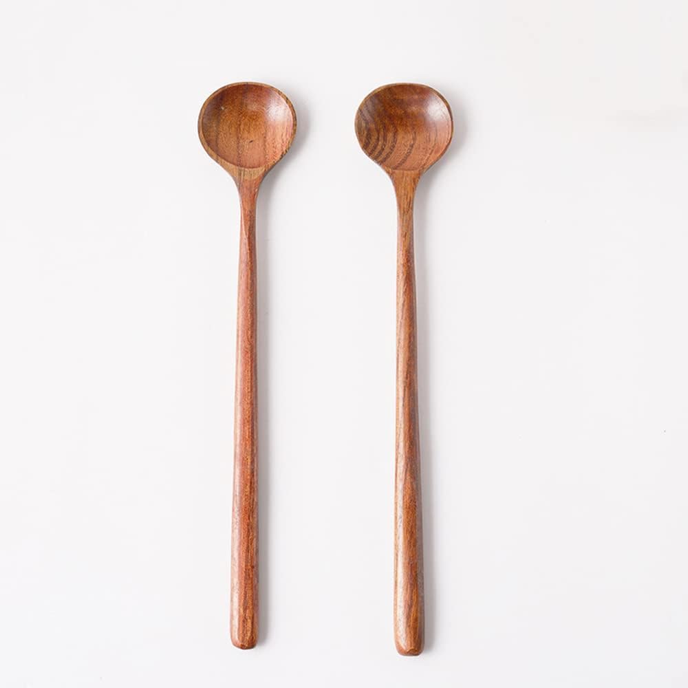 GXLWDZA Wooden Long Spoons - 2 Pcs Long Handle Round Spoons, Korean Style 10.9 inches 100% Natural Wooden Soup Spoon for Soup Cooking Mixing Stirrer Kitchen Tools Utensils
