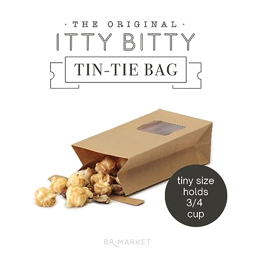 BRMARKET Small Square Window Kraft Paper Bags | 3.3 x 5.5 x 2 Inches Treat Cookie Bags with Tin Tie Closure | 50 Pcs (Disposable, Single Layer Paper, Kraft Brown)