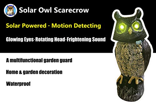Owlery Solar Owl with Flashing Eyes, Spinning Head and Realistic Tweets, Plastic Owl Decoration for Home, Garden, Patio and Fence