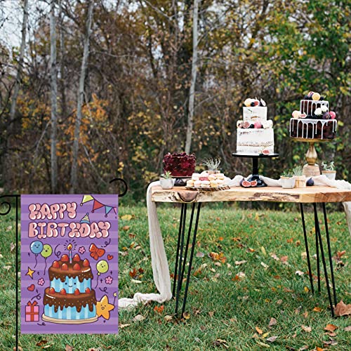 Iutumo Happy Birthday Garden Flag 12x18 Inch Double Sided Small Cute Cake Balloon Vertical Decoration for House Yard Outside and Party