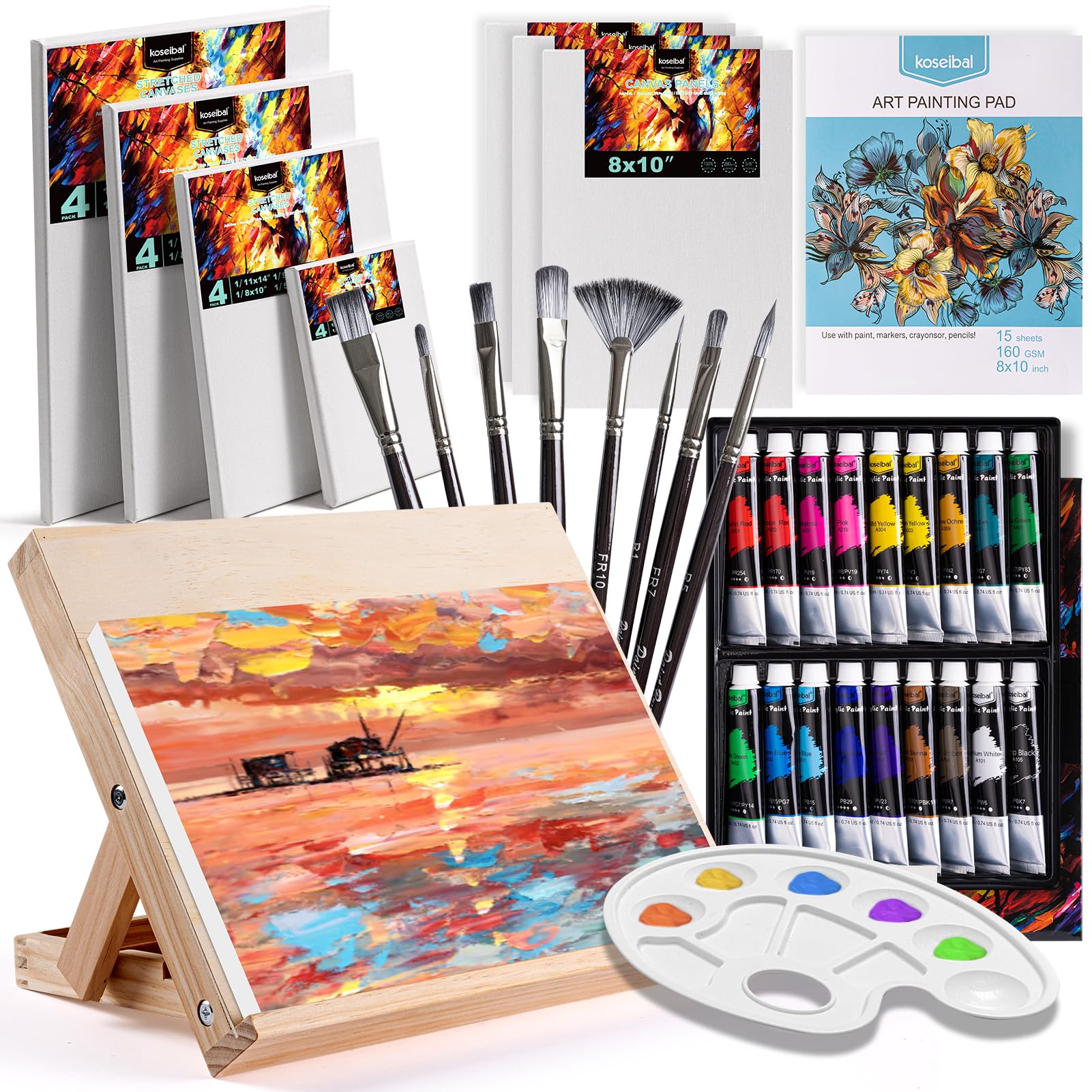 koseibal Acrylic Art Set with 18 Acrylic Paints, 8 Brushes, 4 Stretched Canvas, 1Wooden Easel, Etc, Premium Painting Supplies Kit for Students, Artists Kids, Adults, and Beginner.