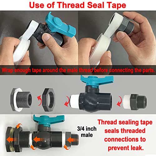 Qitdathn Rain Barrel Spigot Kit PVC Bulkhead Fitting with Ball Valve and Thread Seal Tape and Garden Hose Male Threaded Adapter(3/4" Male) for 3/4" Female Threaded Connector(kit for 3/4 inch Female)