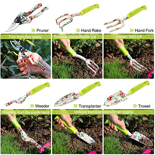 Gardening Tool Set - 13 PCS Heavy Duty Aluminum Gardening Tools Kit Floral Print Garden Tool Set with Non-Slip Rubber Handle & Durable Storage Tote Bag Gardening Supplies Gifts for Women Men