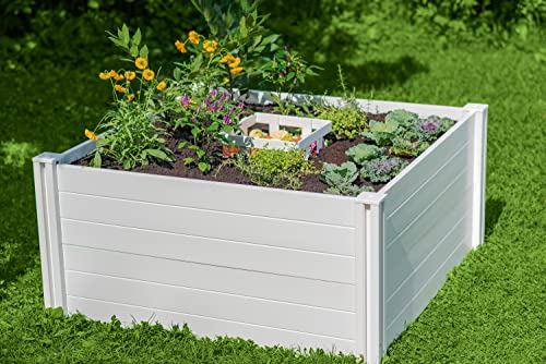 Vita Classic 4 Foot x 4 Foot x 22 inch Keyhole Garden Bed with Composting Basket, White, PVC, BPA and Pthalate Free, VT17101