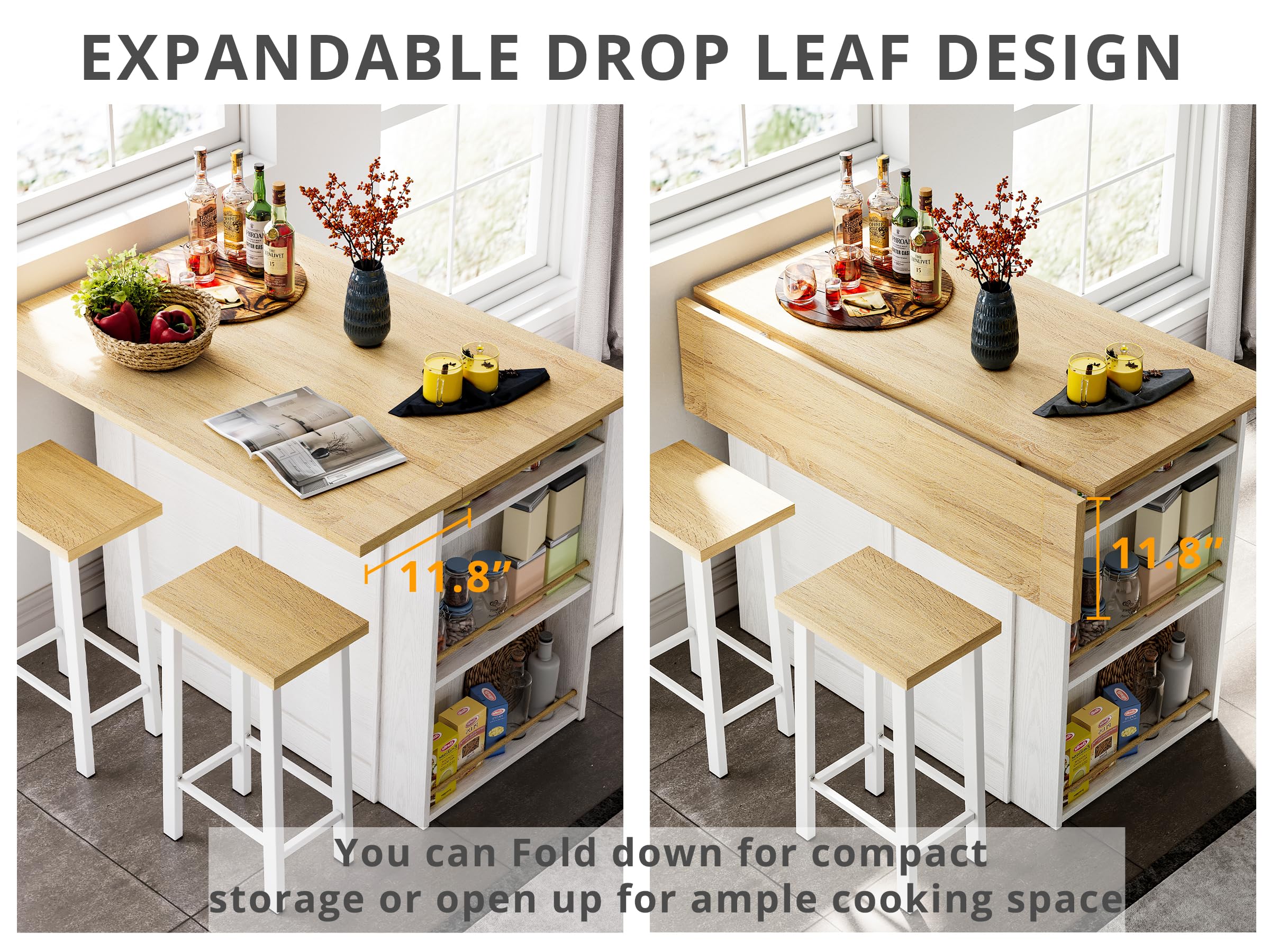 IRONCK Kitchen Island with Storage, with 2 Stools, Ample Storage Space with Power Strip, Large Countertop with Drop-Leaf Design, 2-Door Cabinet and 5 Open Side Racks/2 Utility Drawers, White