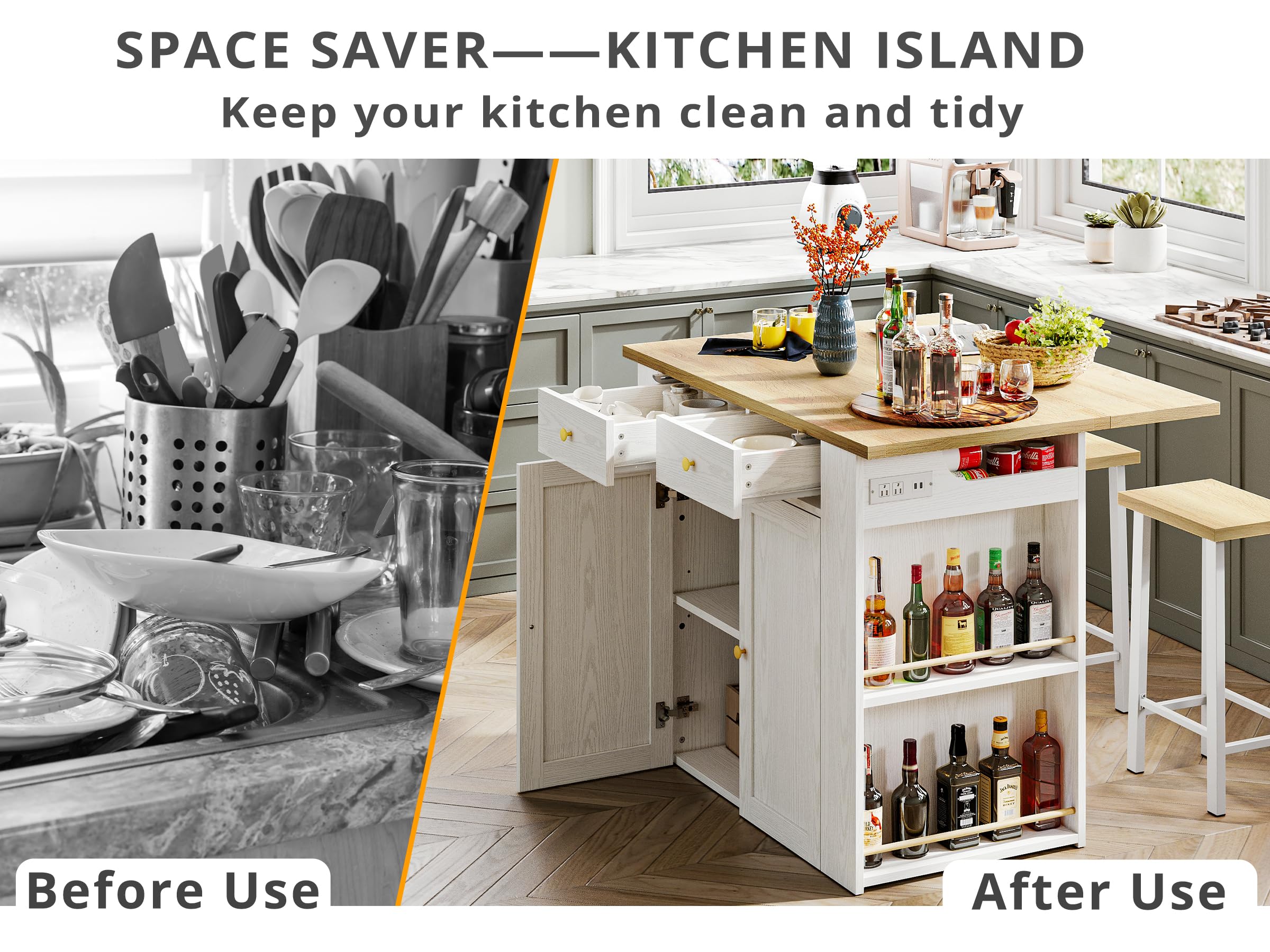 IRONCK Kitchen Island with Storage, with 2 Stools, Ample Storage Space with Power Strip, Large Countertop with Drop-Leaf Design, 2-Door Cabinet and 5 Open Side Racks/2 Utility Drawers, White