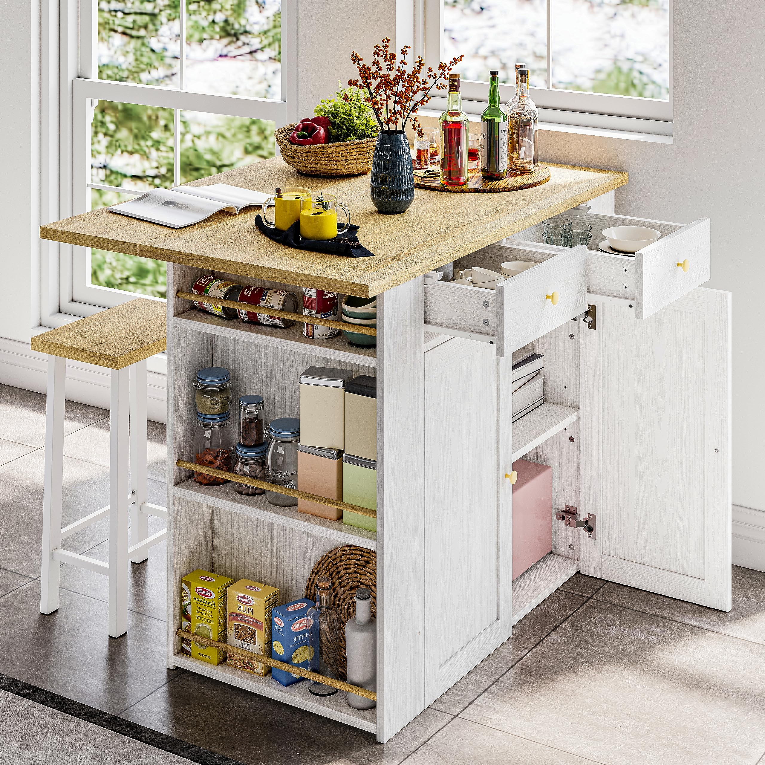 IRONCK Kitchen Island with Storage, with 2 Stools, Ample Storage Space with Power Strip, Large Countertop with Drop-Leaf Design, 2-Door Cabinet and 5 Open Side Racks/2 Utility Drawers, White