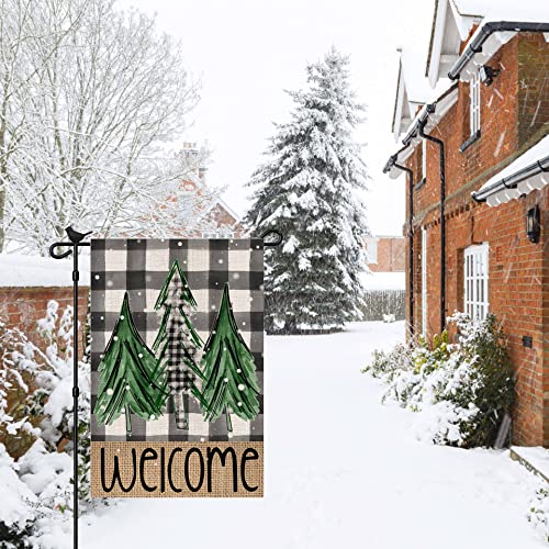 Welcome Christmas Trees Winter Garden Flag 12 x 18 Inch Vertical Double Sided Buffalo Plaid Holiday Yard Outside Xmas Décor