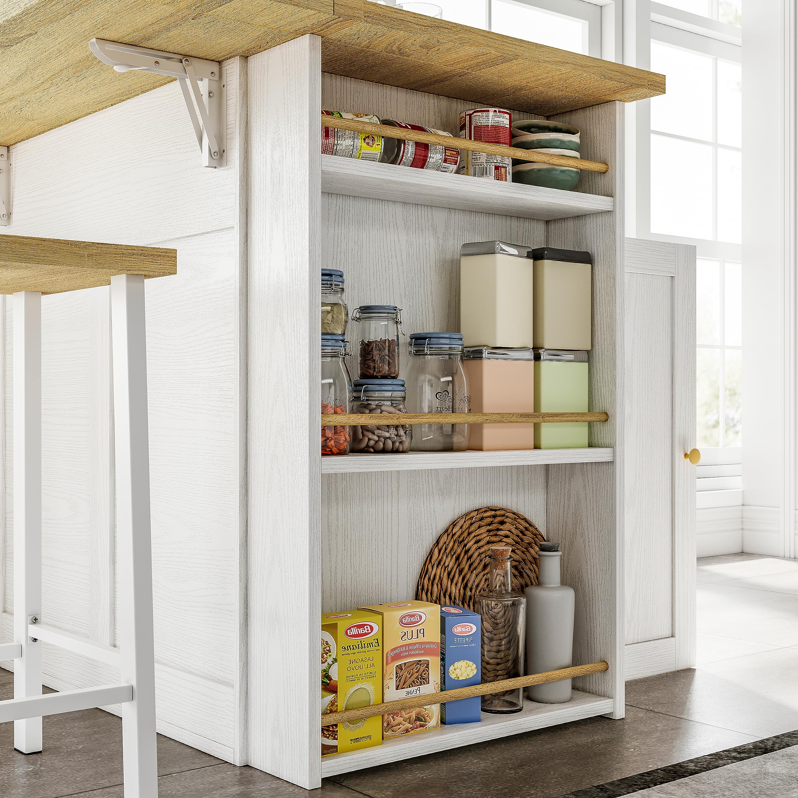 IRONCK Kitchen Island with Storage, with 2 Stools, Ample Storage Space with Power Strip, Large Countertop with Drop-Leaf Design, 2-Door Cabinet and 5 Open Side Racks/2 Utility Drawers, White
