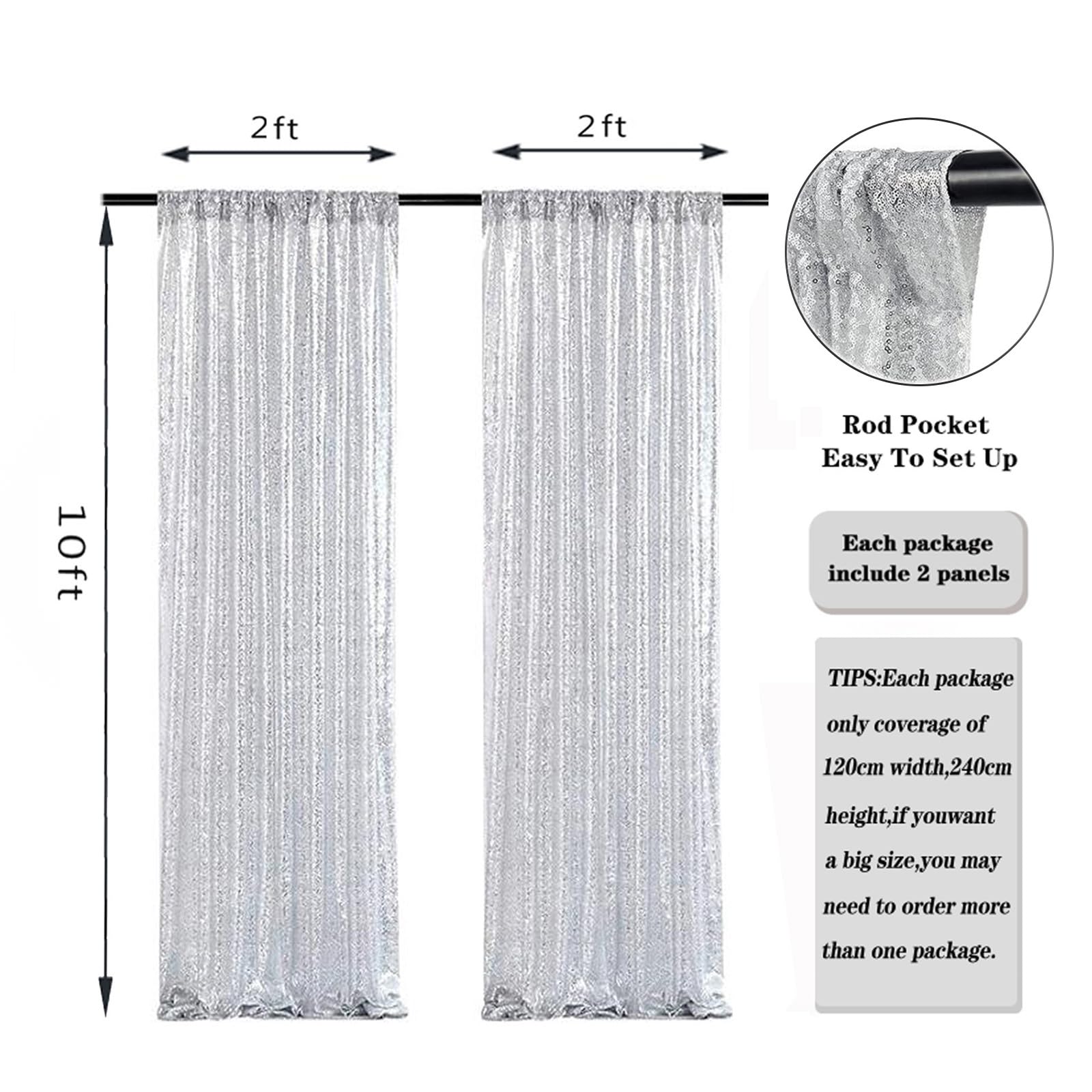 SweetEasy 2packs 2ftx10ft Sequin Glitter Photography Backdrop Curtain Panels Wedding Backdrop for Baby Shower Birthday Home Party Event Festival Restaurant Reception Arch Decoration (Silver)