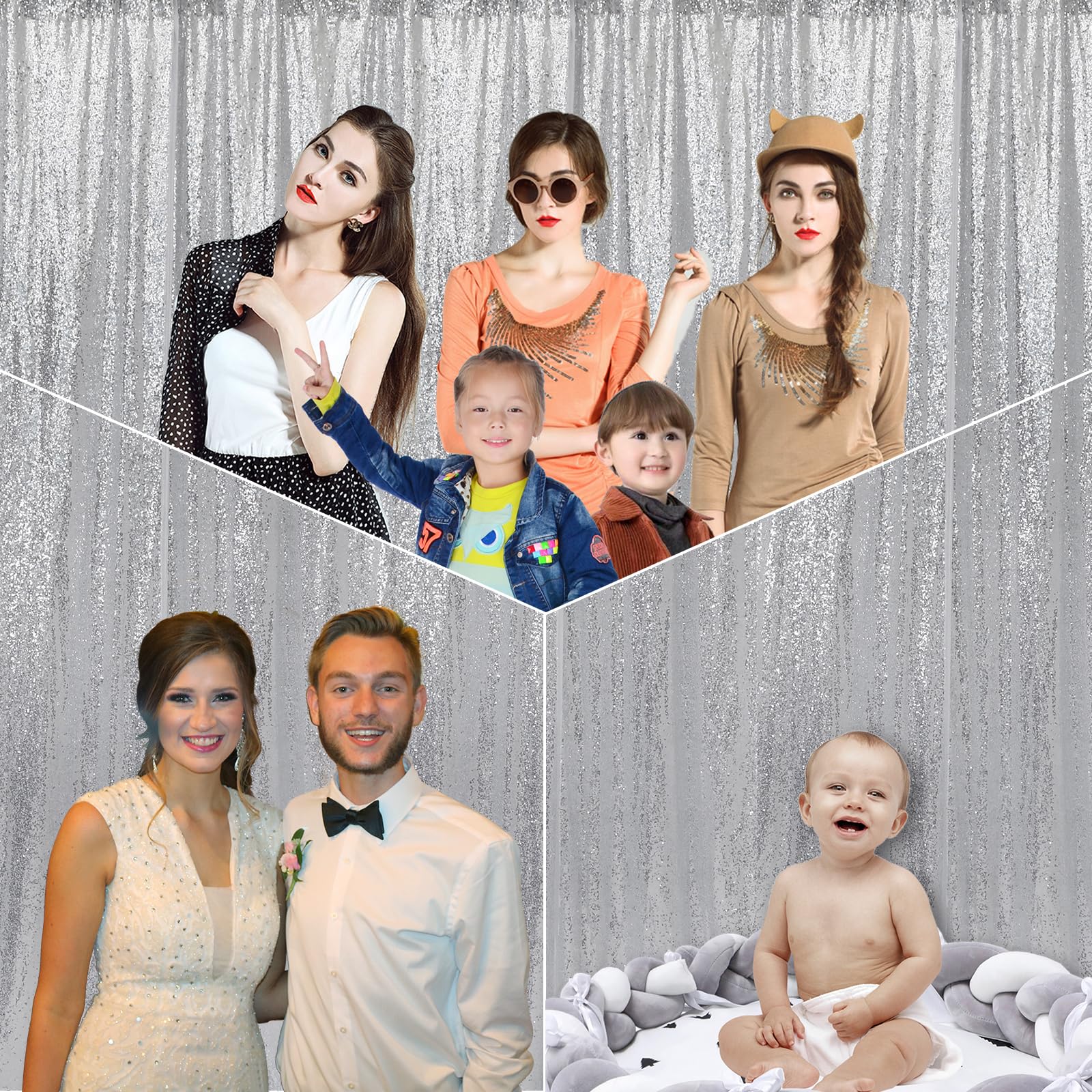 SweetEasy 2packs 2ftx10ft Sequin Glitter Photography Backdrop Curtain Panels Wedding Backdrop for Baby Shower Birthday Home Party Event Festival Restaurant Reception Arch Decoration (Silver)
