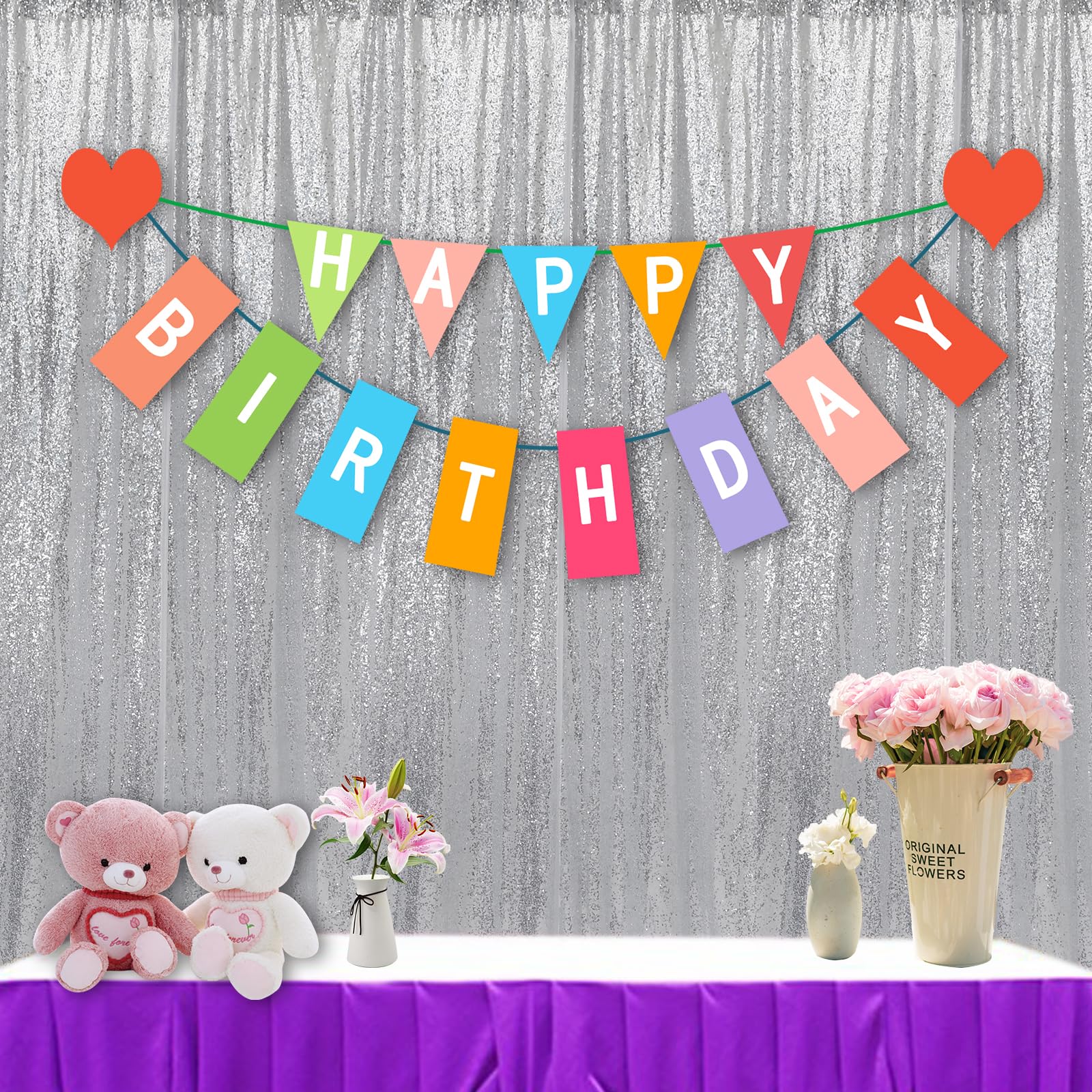 SweetEasy 2packs 2ftx10ft Sequin Glitter Photography Backdrop Curtain Panels Wedding Backdrop for Baby Shower Birthday Home Party Event Festival Restaurant Reception Arch Decoration (Silver)