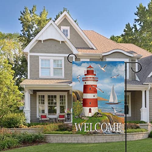 Covido Home Decorative Welcome Spring Summer Lighthouse Garden Flag, Coastal Seagull Birds Yard Beach Nautical Sailboat Outside Decoration, Ocean Outdoor Small Burlap Decor Double Sided 12 x 18