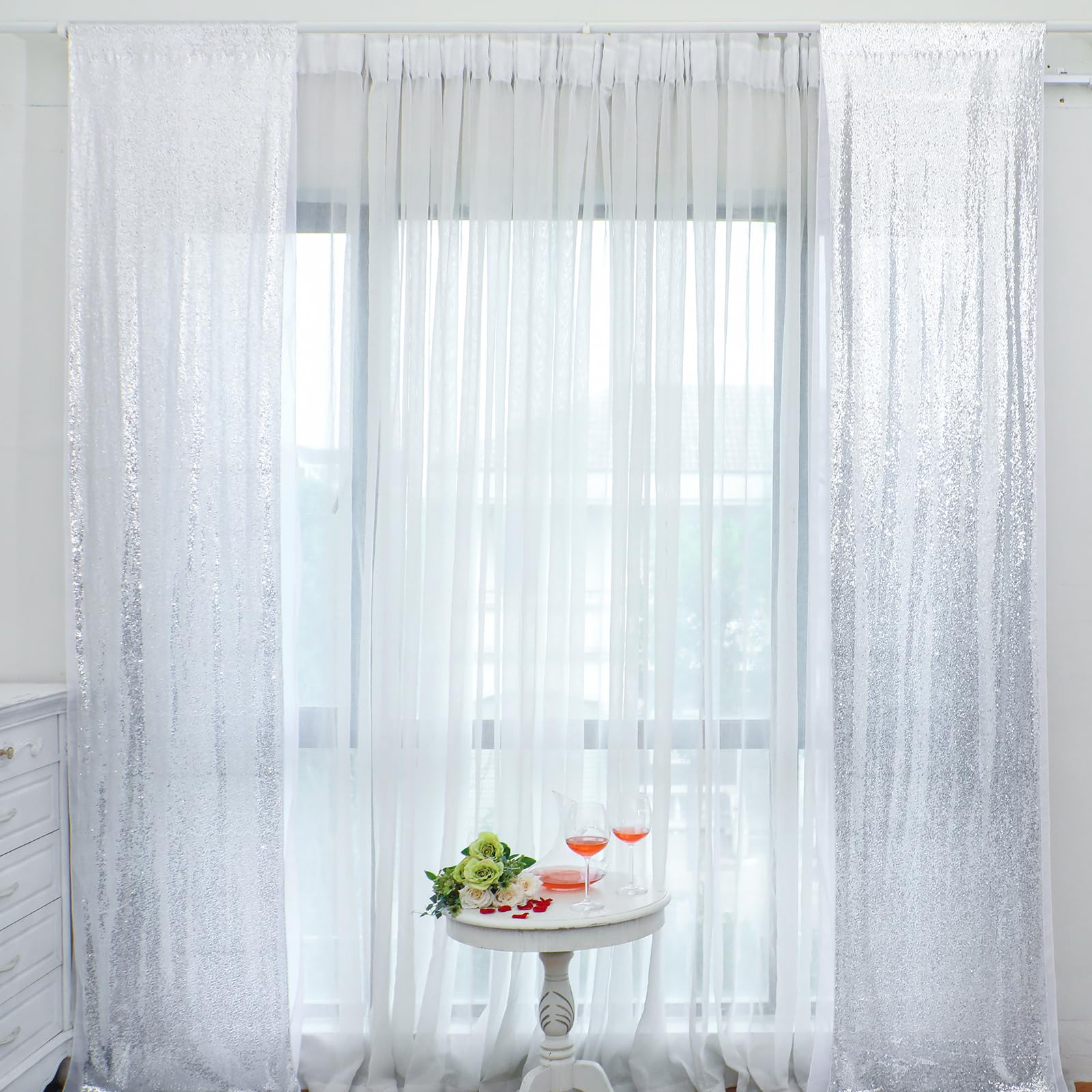 SweetEasy 2packs 2ftx10ft Sequin Glitter Photography Backdrop Curtain Panels Wedding Backdrop for Baby Shower Birthday Home Party Event Festival Restaurant Reception Arch Decoration (Silver)