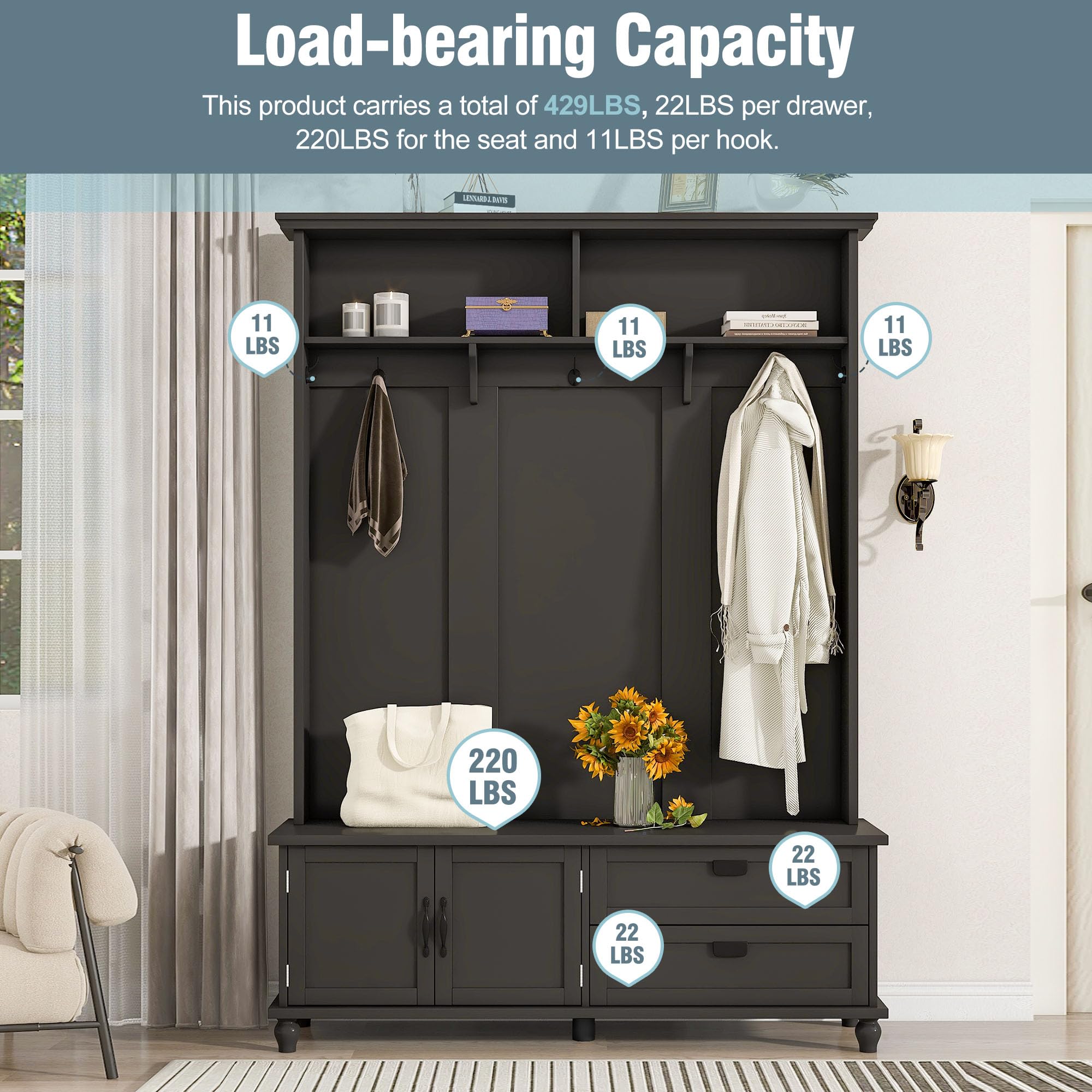 Wide Hall Tree with Storage Bench Coat Rack with Cabinet and 2 Drawers Wooden High Back Mudroom Bench with 5 Hooks for Mudrooms Organization Entryway Living Room, Black