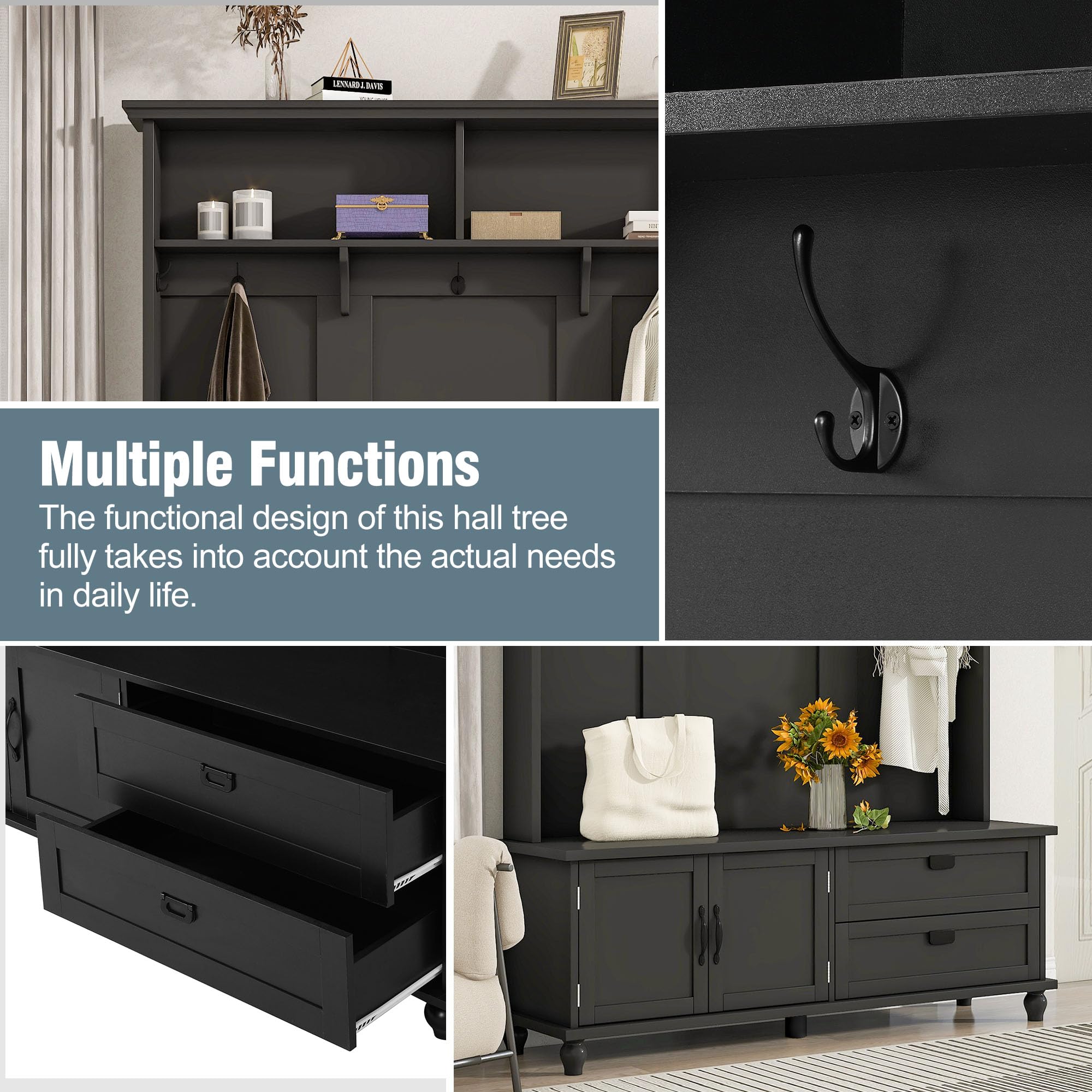 Wide Hall Tree with Storage Bench Coat Rack with Cabinet and 2 Drawers Wooden High Back Mudroom Bench with 5 Hooks for Mudrooms Organization Entryway Living Room, Black