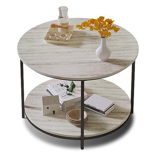 FREDEES Wood Round Coffee Table - 31.5" W x 22" H Coffee Table for Living Room, Home Furniture with Wooden Desktop & Sturdy Metal Legs & Storage Shelf