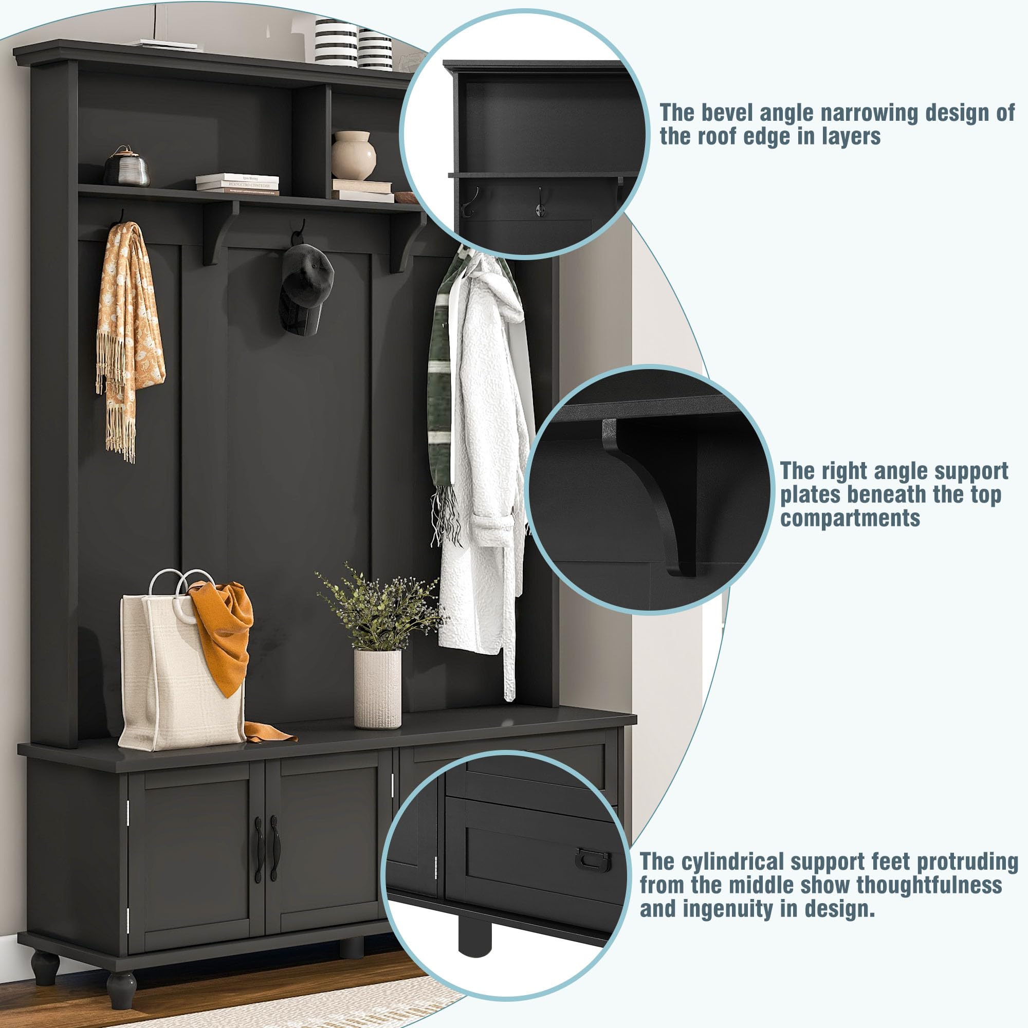 Wide Hall Tree with Storage Bench Coat Rack with Cabinet and 2 Drawers Wooden High Back Mudroom Bench with 5 Hooks for Mudrooms Organization Entryway Living Room, Black