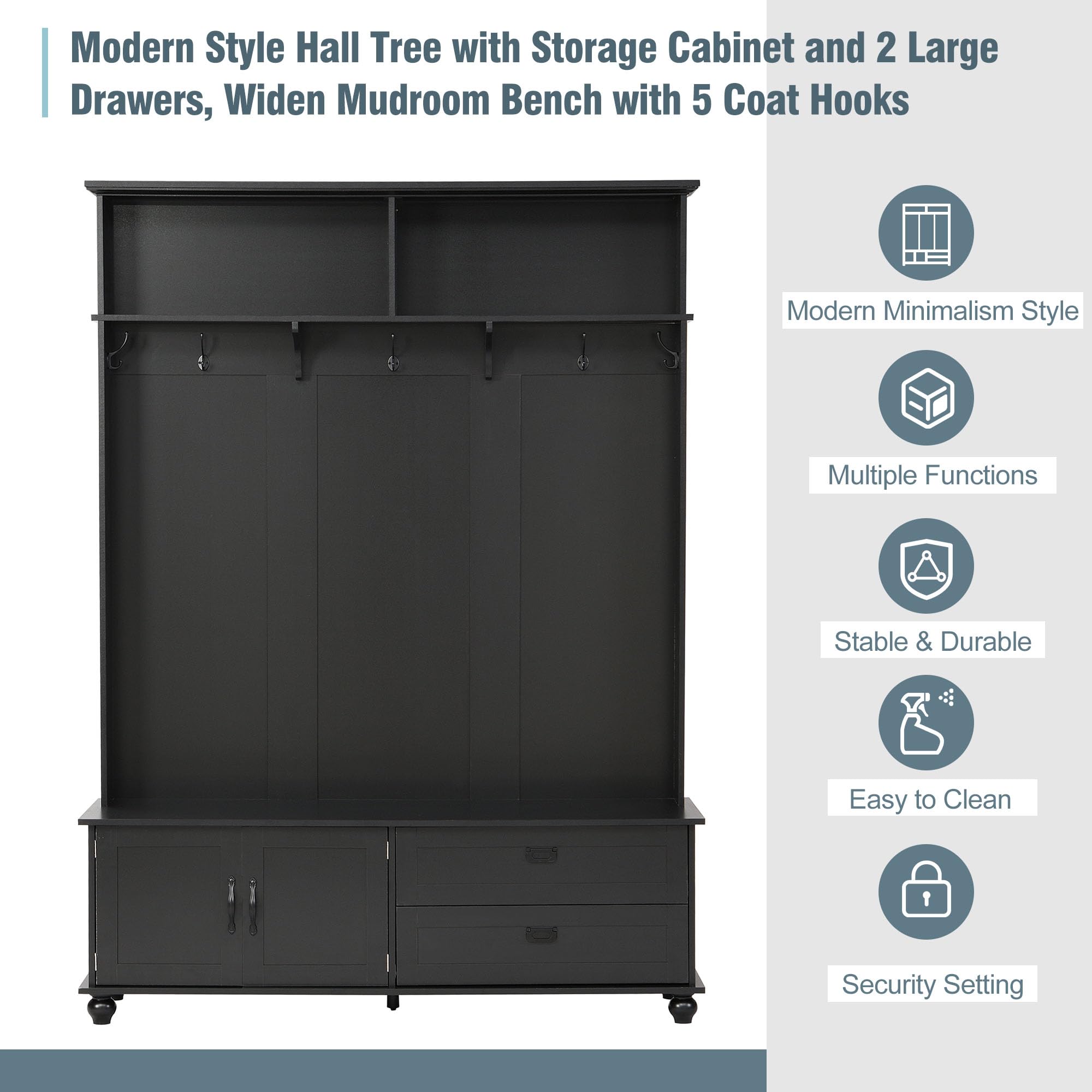 Wide Hall Tree with Storage Bench Coat Rack with Cabinet and 2 Drawers Wooden High Back Mudroom Bench with 5 Hooks for Mudrooms Organization Entryway Living Room, Black