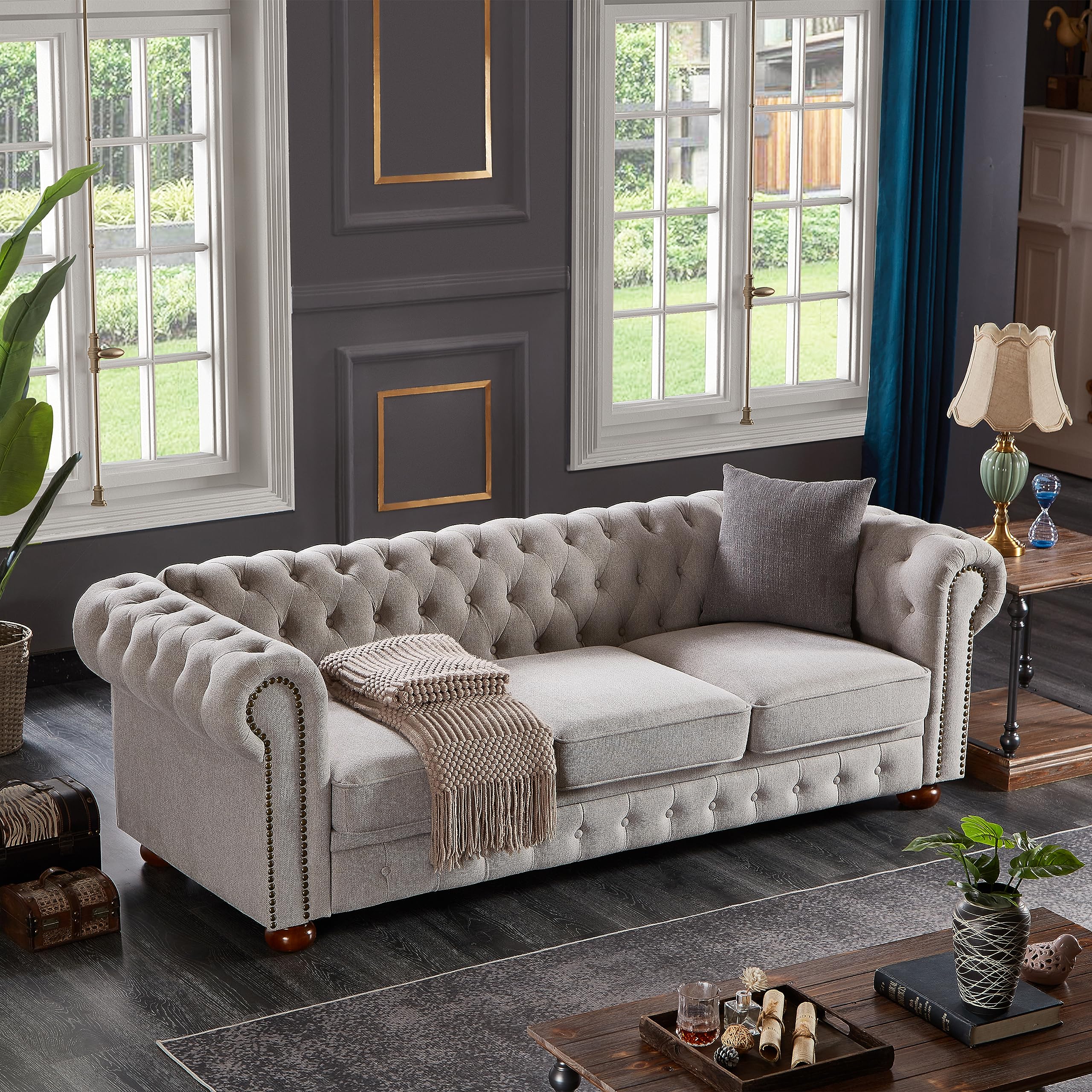 Dvasovio 88.5" Chesterfield Sofas for Living Room, Linen Upholstered Sofa with Tufted Back, Classic 3 Seater Leather Couch Rolled Arm for Living Room Office (Light Grey)