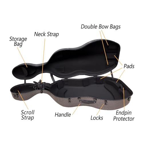 WUQIMUSC Lightweight Carbon Fiber Cello Case 4/4 Full Size, Hard Shell with Wheels, Backpack Straps & Padded Handles, 3.8kg, Durable Stylish Design for Musicians (Black)