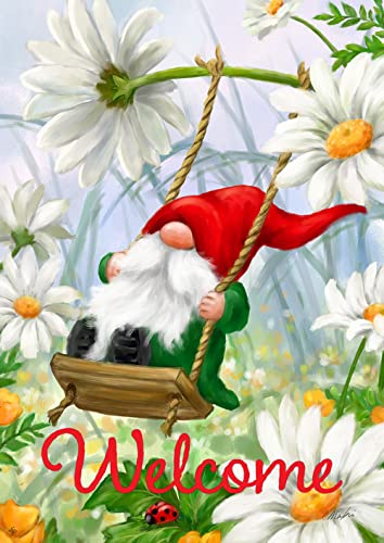 Toland Home Garden 1112626 Welcome Swing Gnome Spring Flag 12x18 Inch Double Sided Spring Garden Flag for Outdoor House Daisy Flag Yard Decoration
