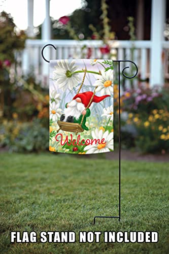 Toland Home Garden 1112626 Welcome Swing Gnome Spring Flag 12x18 Inch Double Sided Spring Garden Flag for Outdoor House Daisy Flag Yard Decoration