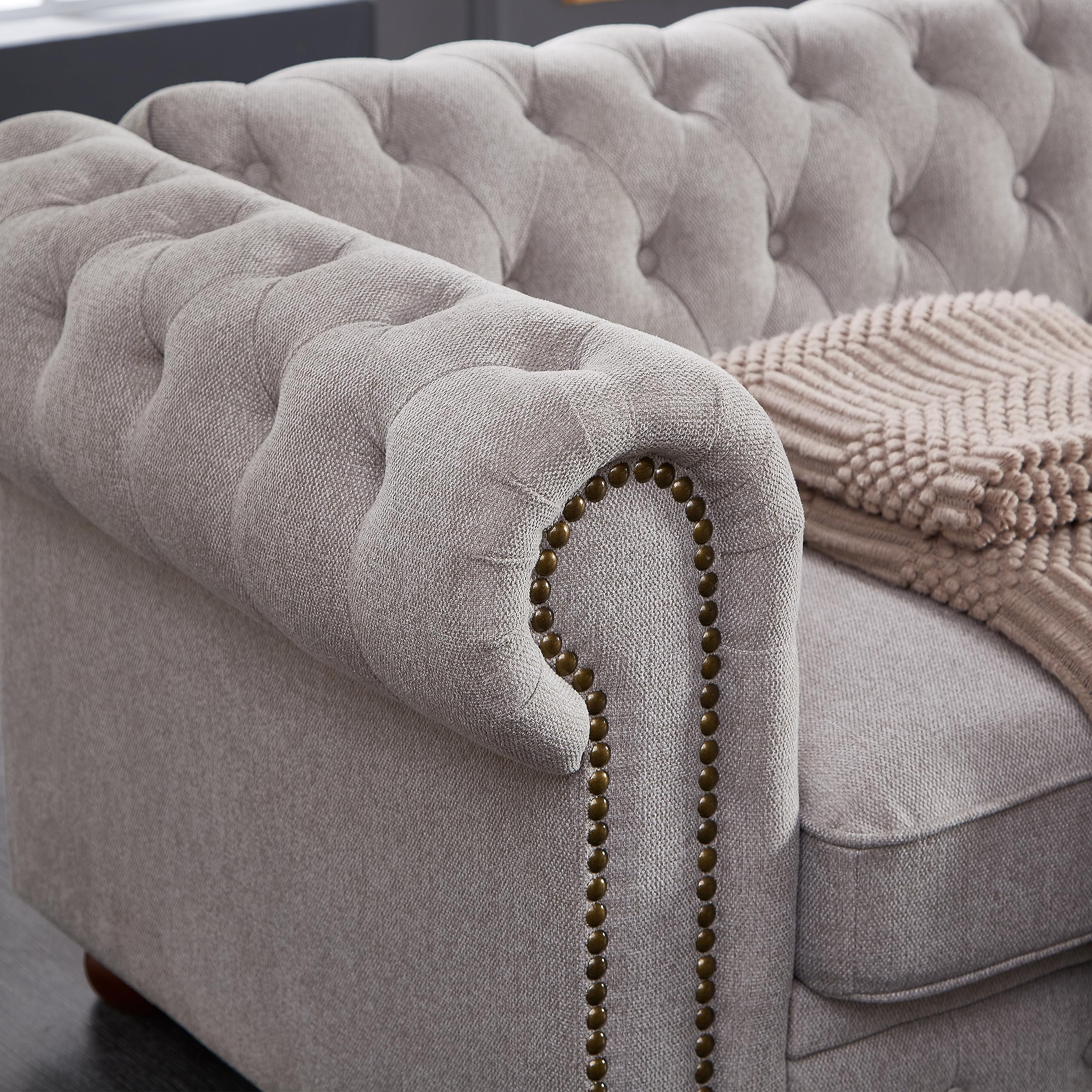 Dvasovio 88.5" Chesterfield Sofas for Living Room, Linen Upholstered Sofa with Tufted Back, Classic 3 Seater Leather Couch Rolled Arm for Living Room Office (Light Grey)