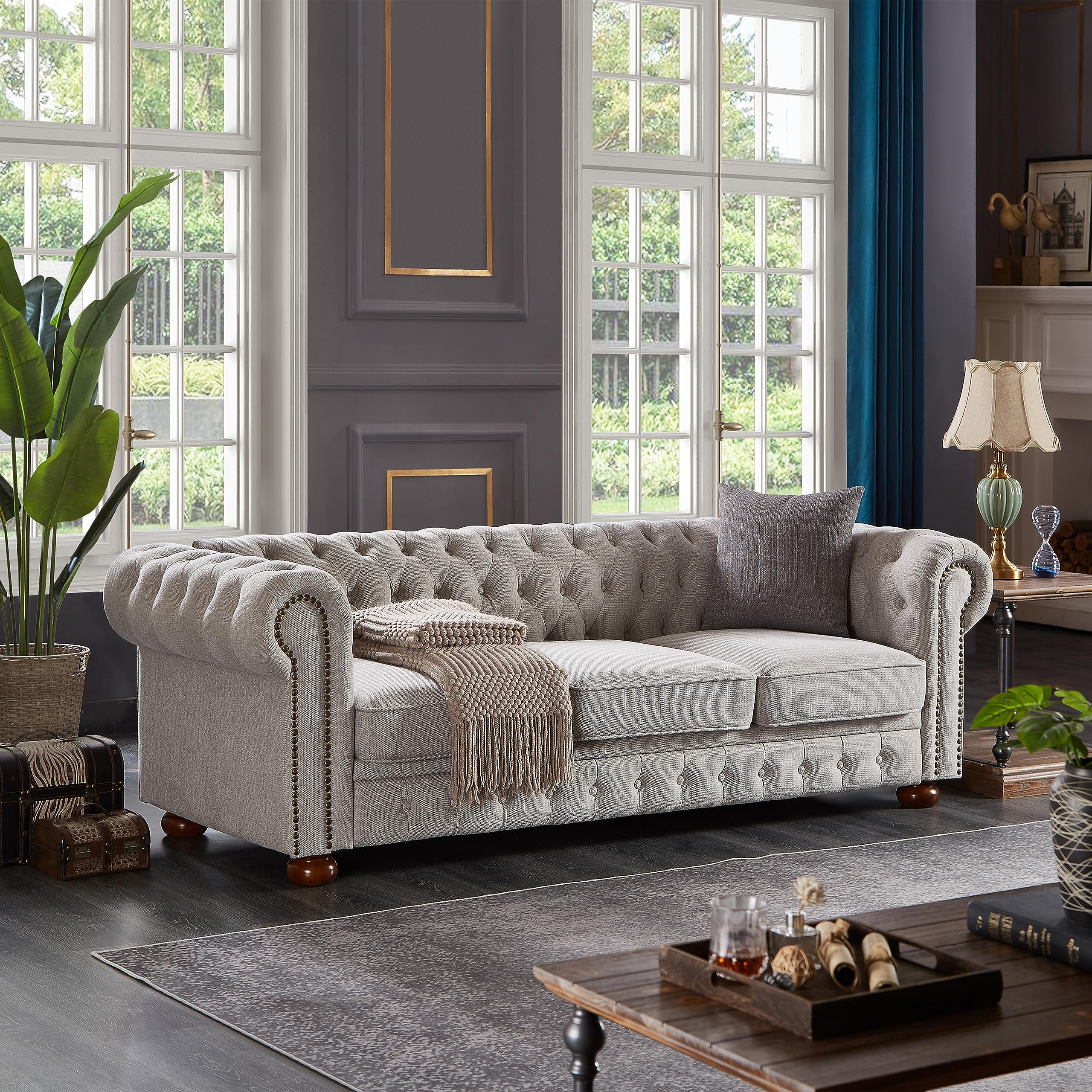 Dvasovio 88.5" Chesterfield Sofas for Living Room, Linen Upholstered Sofa with Tufted Back, Classic 3 Seater Leather Couch Rolled Arm for Living Room Office (Light Grey)