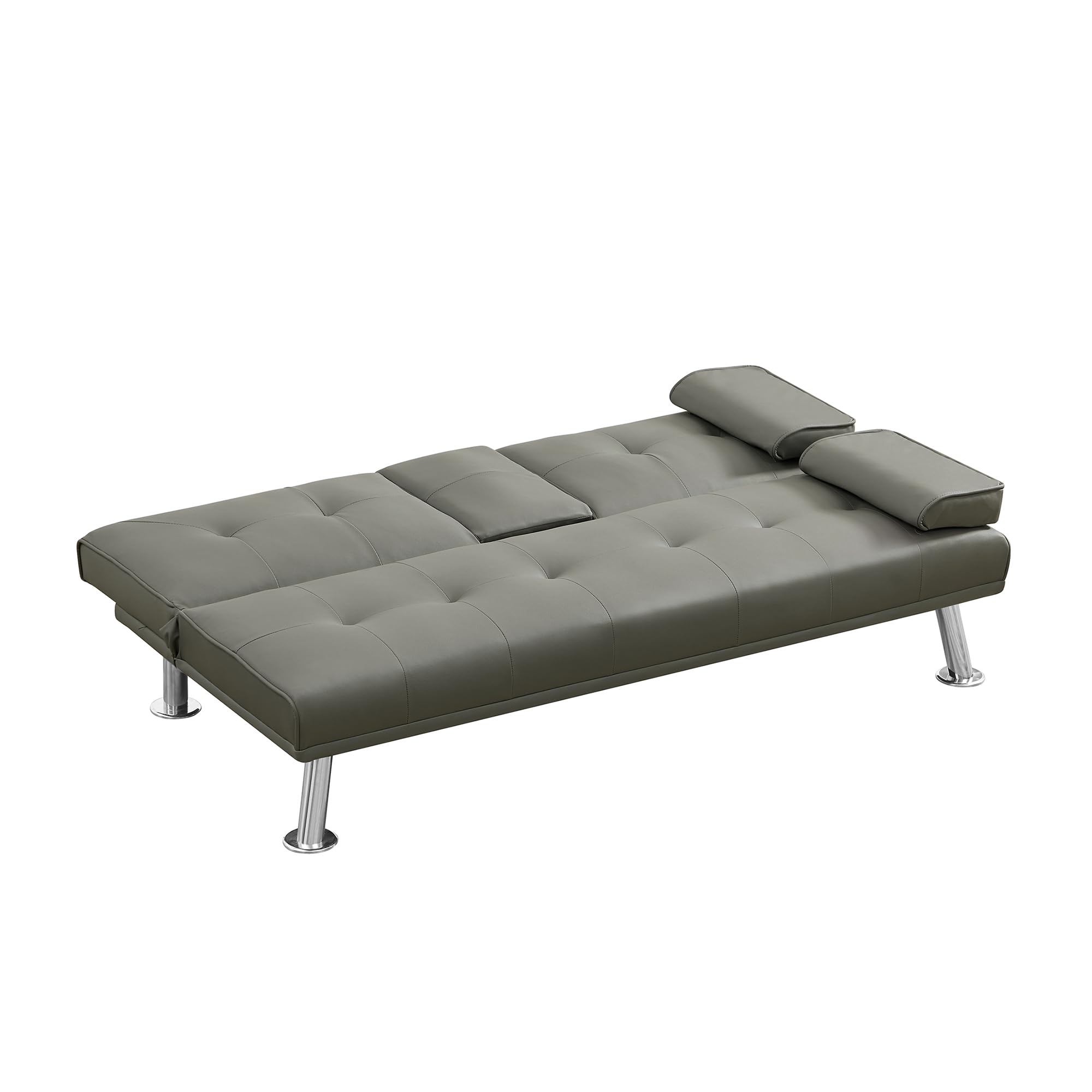QCHANER Modern Convertible Folding Futon Sofa Bed, Faux Leather Home Recliner Loveseat Folding Daybed Guest Bed with Cup Holders for Compact Living Space, Apartment, Dorm, Bonus Room, Gray