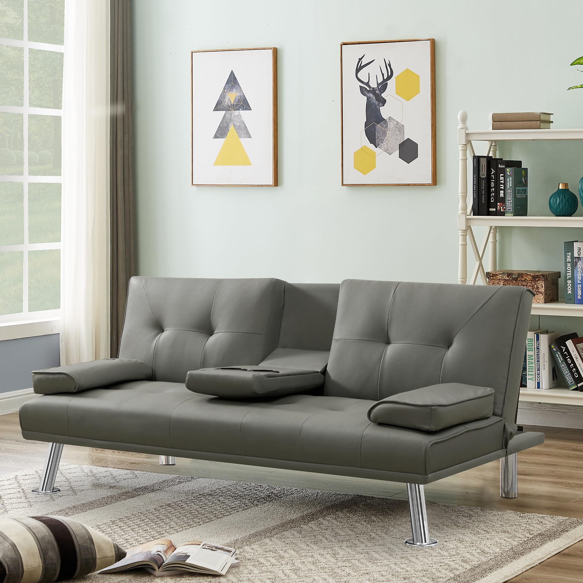 QCHANER Modern Convertible Folding Futon Sofa Bed, Faux Leather Home Recliner Loveseat Folding Daybed Guest Bed with Cup Holders for Compact Living Space, Apartment, Dorm, Bonus Room, Gray