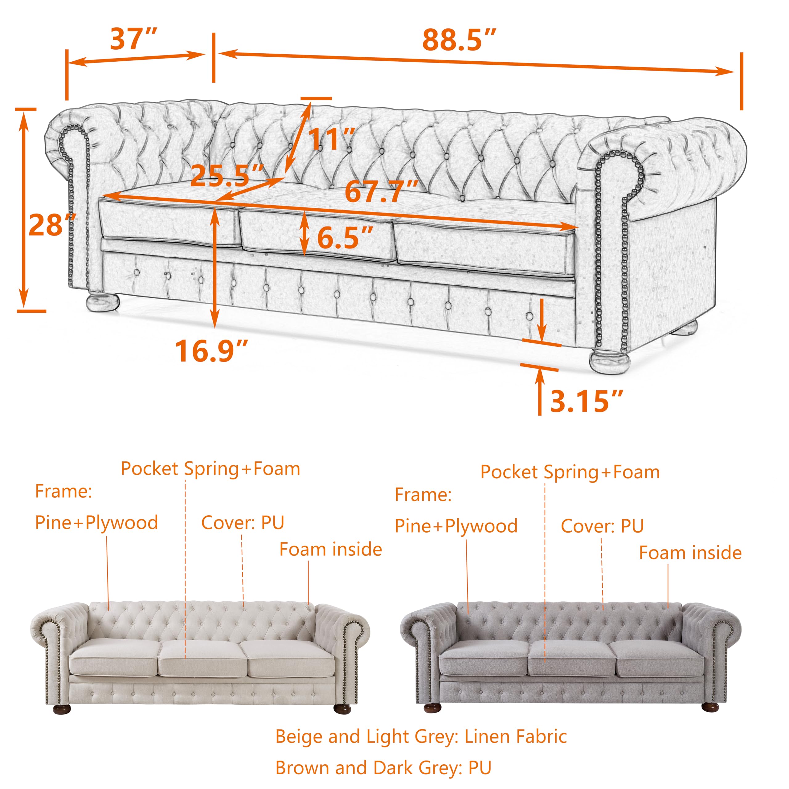 Lestar 88 inches 3 Seater Chesterfield Sofa with Nails Decoration in Linen Fabric, Comfy Couches for Living Room (Beige)