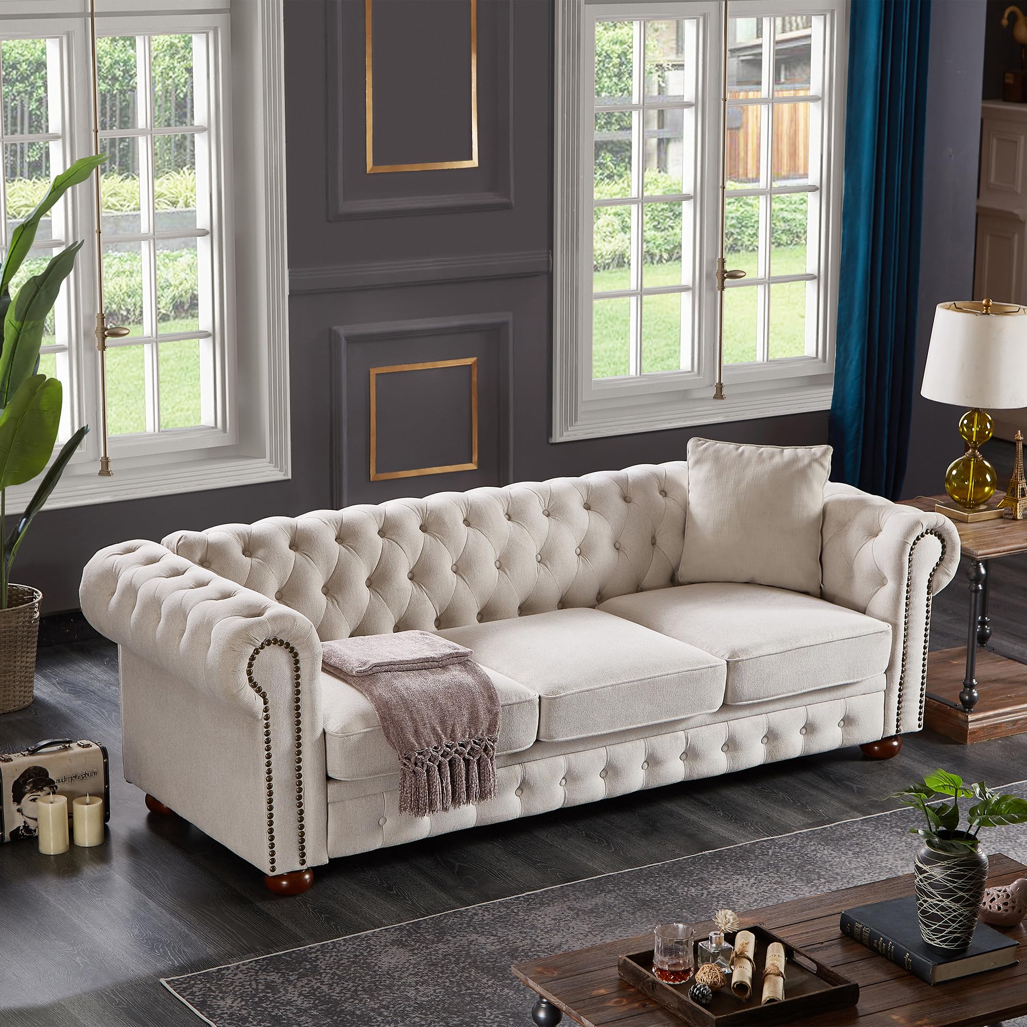 Lestar 88 inches 3 Seater Chesterfield Sofa with Nails Decoration in Linen Fabric, Comfy Couches for Living Room (Beige)