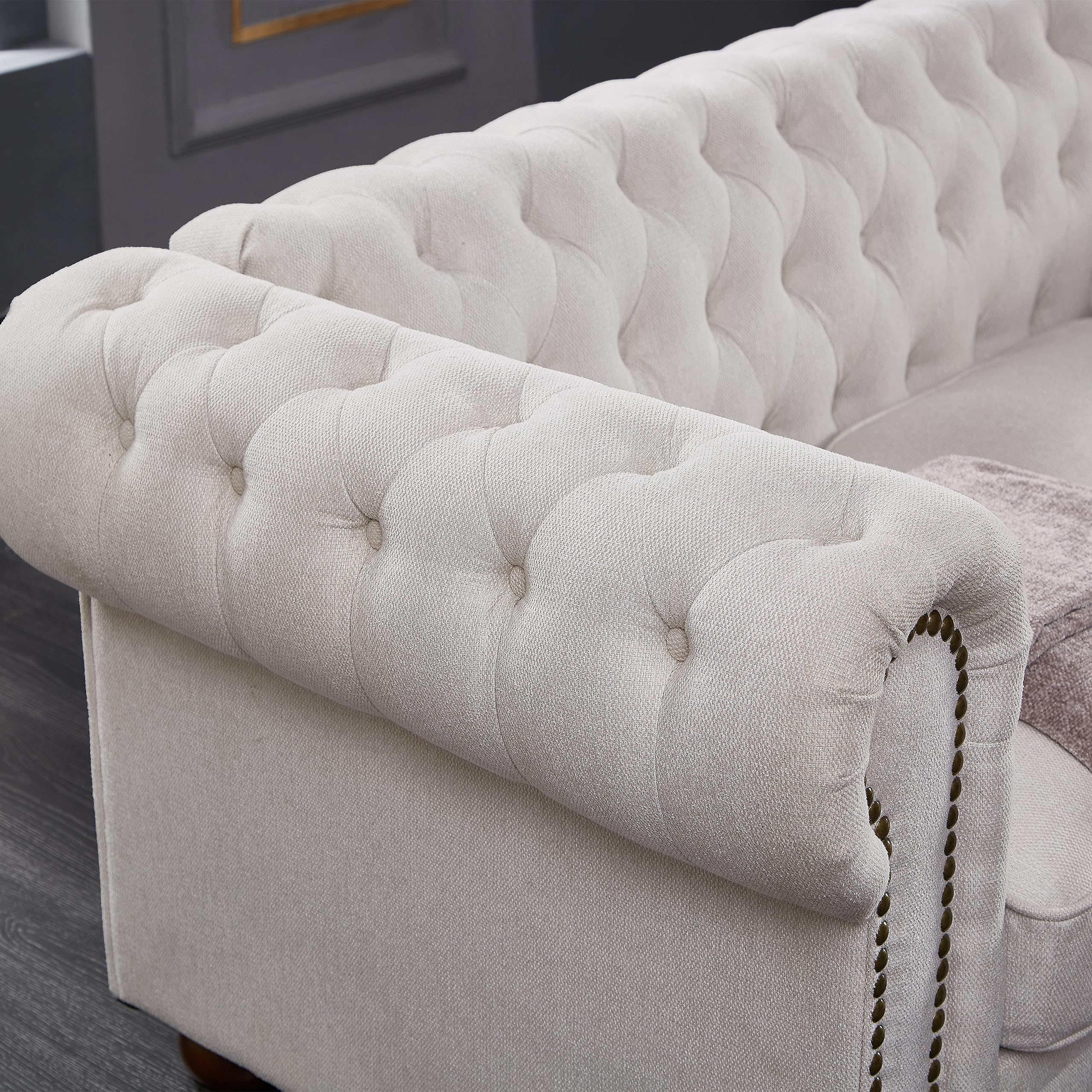 Lestar 88 inches 3 Seater Chesterfield Sofa with Nails Decoration in Linen Fabric, Comfy Couches for Living Room (Beige)