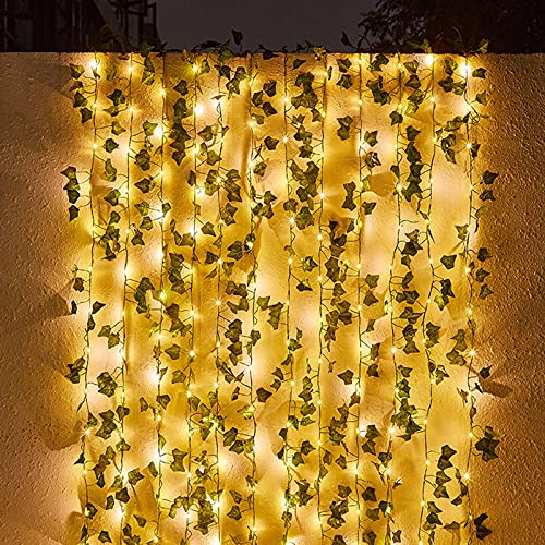 84 Feet Fake Vines with 200 LEDs Solar Outdoor String Lights (Remote Control), Artificial Plants, Patio Decor,Hanging Fake Ivy Greenery Garland Plants,Fake Leaves for Balcony Decor/Outdoor Wall Decor