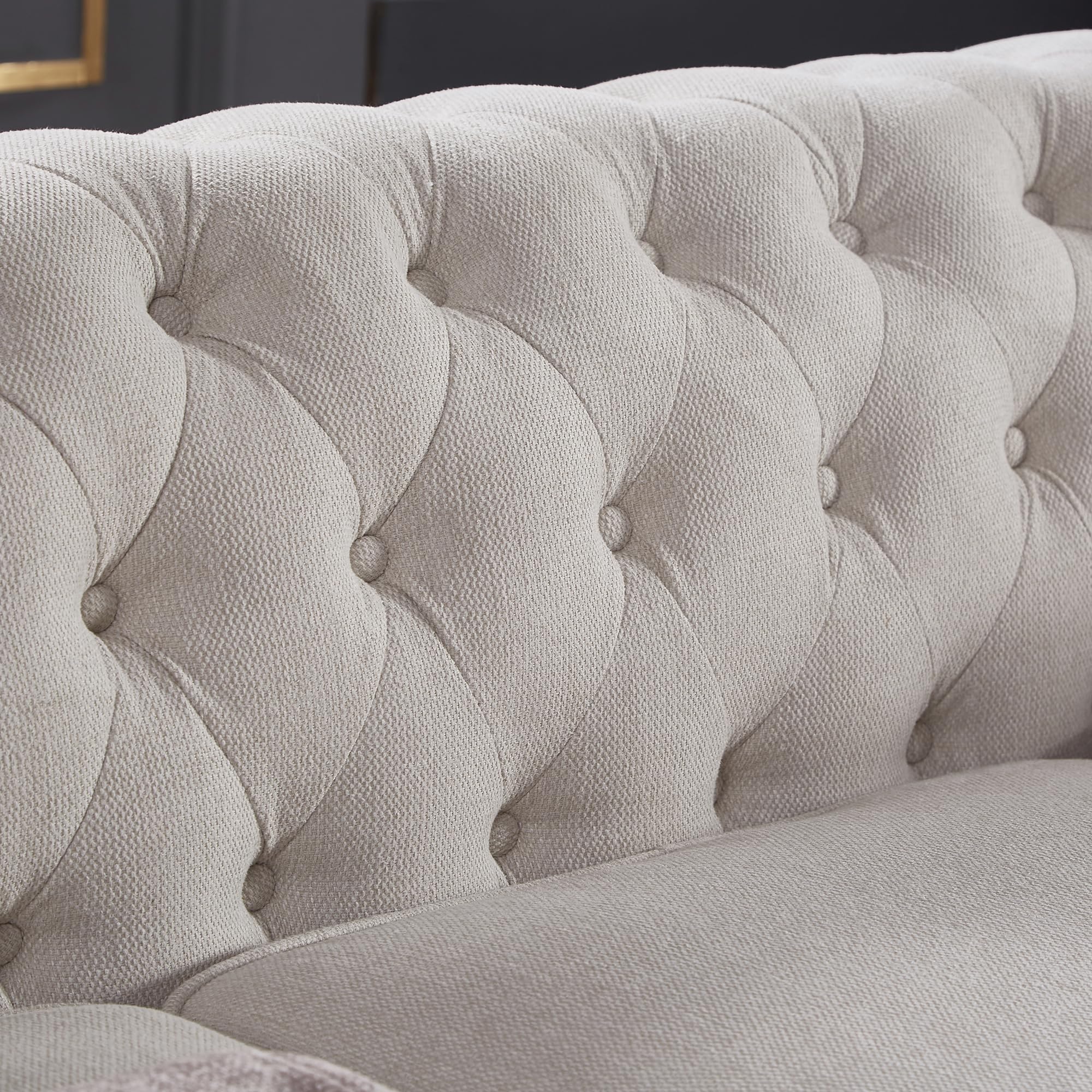 Lestar 88 inches 3 Seater Chesterfield Sofa with Nails Decoration in Linen Fabric, Comfy Couches for Living Room (Beige)