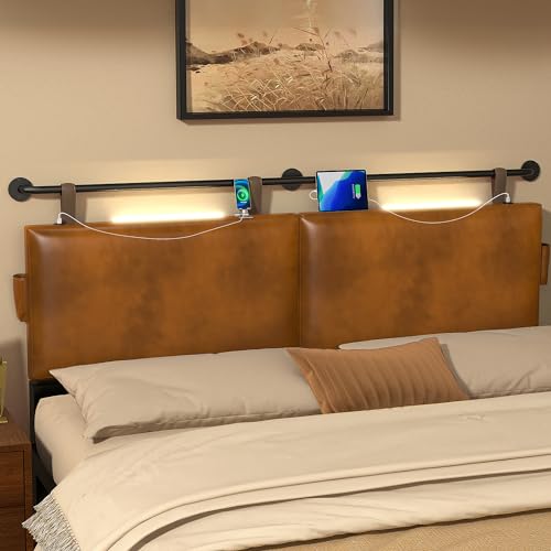 BSHOMGI Headboards, Wall Mounted King Size Headboard with USB & Type-C Ports Bed Headboard with LED Lights, Fabric Straps Hanging Upholstered Headboards for Bedroom or Entryway (King Brown Leather)