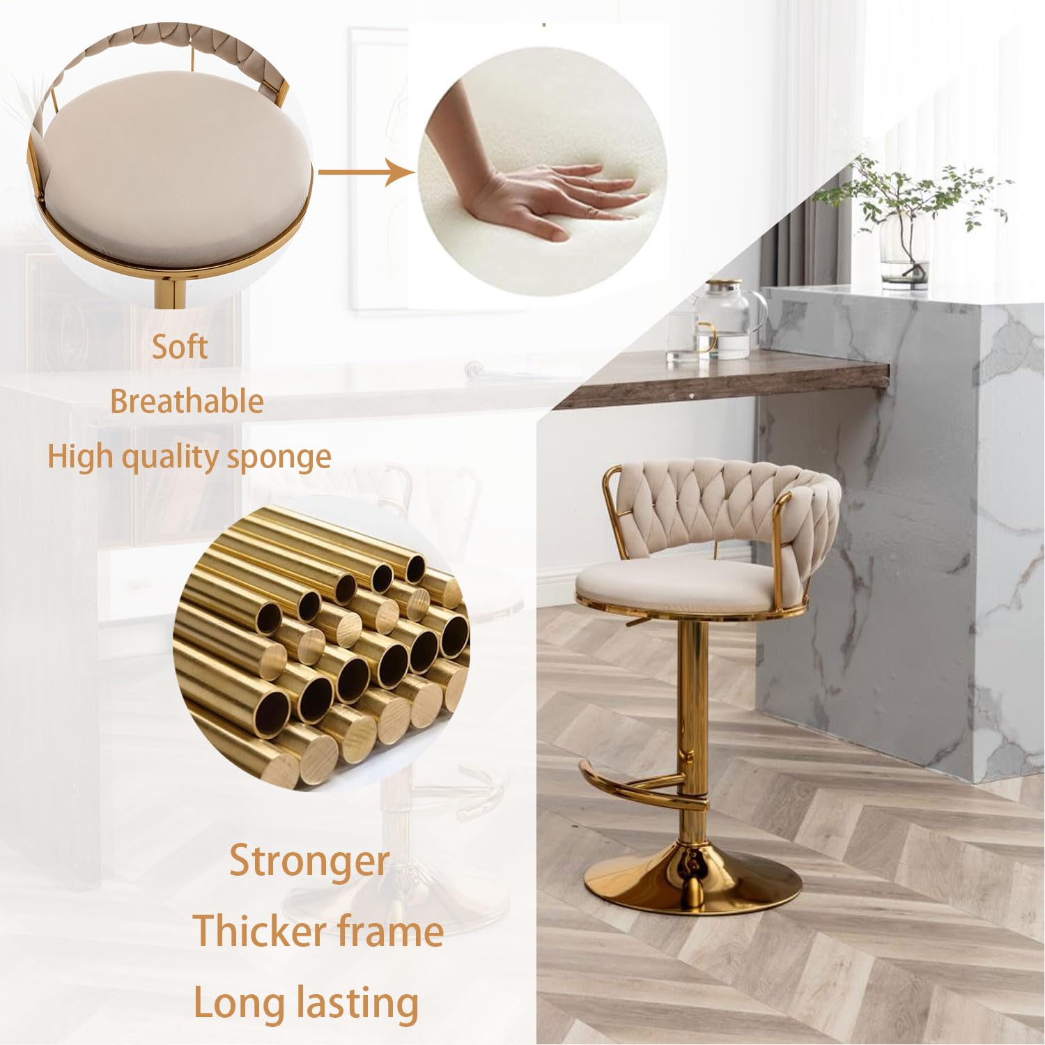 Riknuxi Gold Velvet Bar Stools Set of 4, Counter Height Bar Stools with Low Back, Swivel Bar Stool for Kitchen Island, Bar Pub (Beige)
